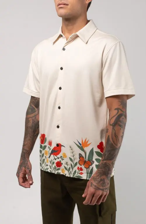 VAST Aqua Terra Floral Fauna Tech Short Sleeve Performance Button-up Shirt - Sand Multi