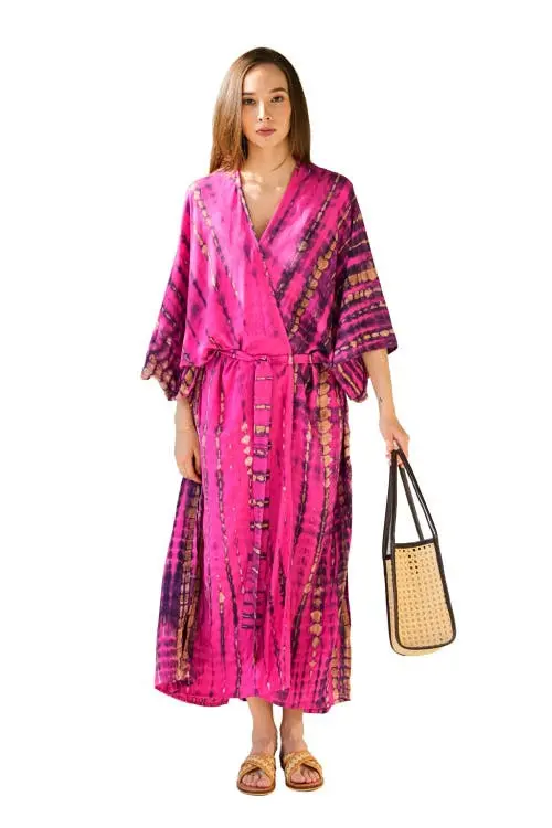 Pink Haley Hand-dyed Rayon Maxi Robe With Belt - Fuchsia
