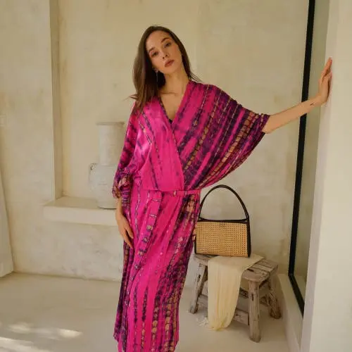 Pink Haley Hand-dyed Rayon Maxi Robe With Belt - Fuchsia
