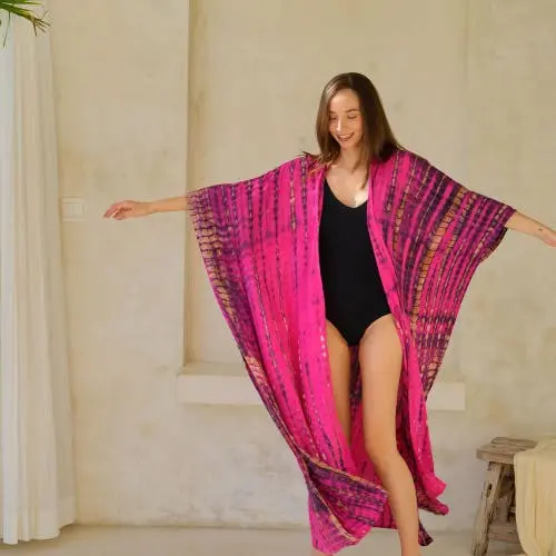 Pink Haley Hand-dyed Rayon Maxi Robe With Belt - Fuchsia