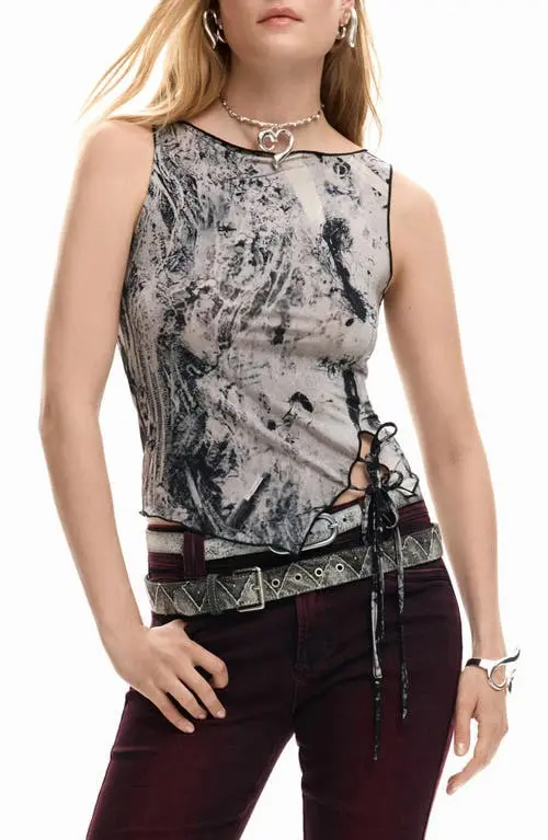 Desigual Abstract Print Sleeveless Top With Lace-up Side