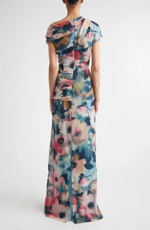 Lela Rose Abstract Floral Draped One-shoulder Gown
