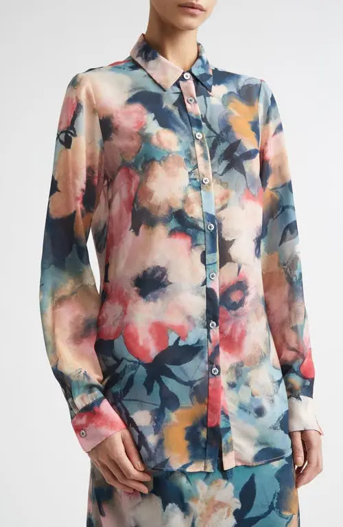 Lela Rose Abstract Floral Chiffon Shirt