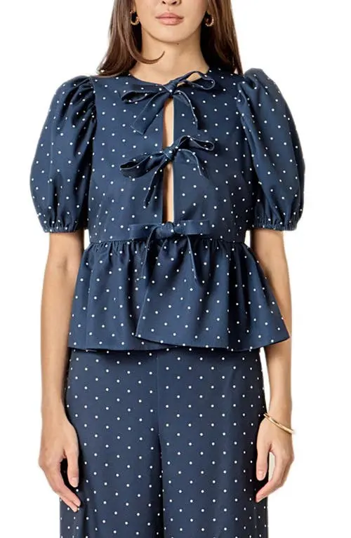 English Factory Dot Tie Front Puff Sleeve Top