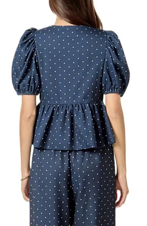 English Factory Dot Tie Front Puff Sleeve Top