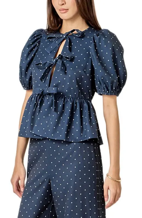 English Factory Dot Tie Front Puff Sleeve Top