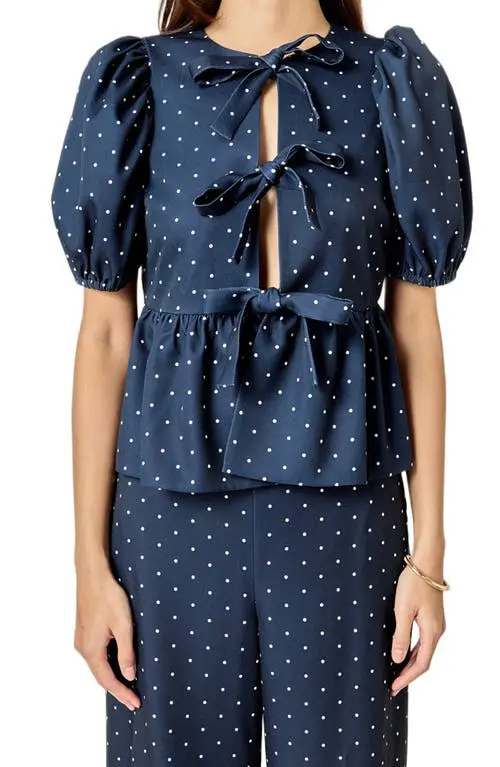 English Factory Dot Tie Front Puff Sleeve Top
