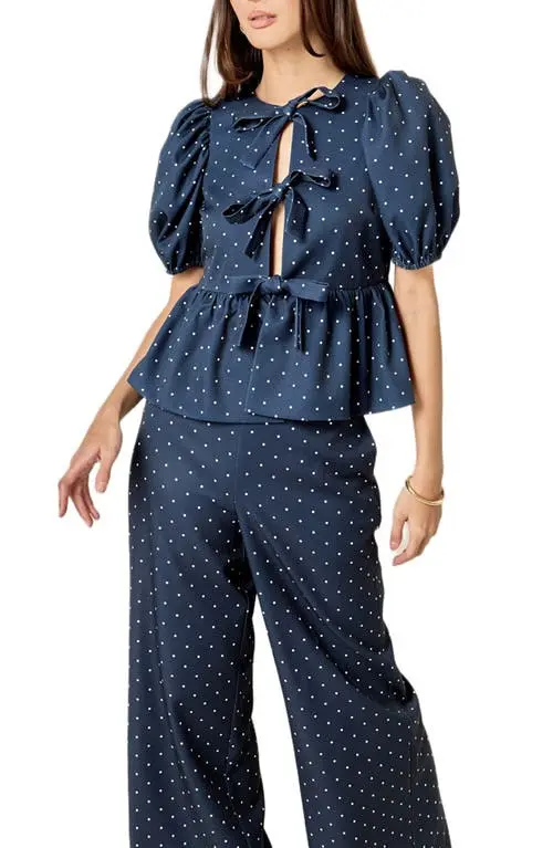 English Factory Dot Tie Front Puff Sleeve Top