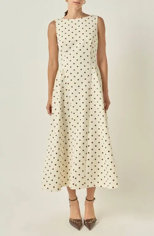 English Factory Dot Sleeveless Flare Midi Dress - Beige/brown