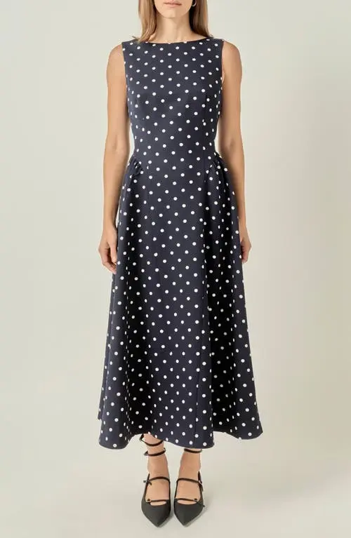 English Factory Dot Sleeveless Flare Midi Dress - White/navy