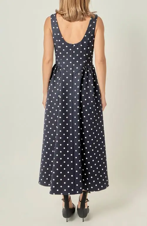 English Factory Dot Sleeveless Flare Midi Dress - White/navy