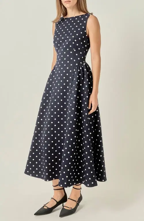 English Factory Dot Sleeveless Flare Midi Dress - White/navy