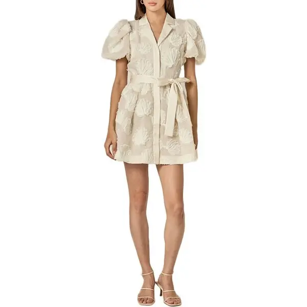 English Factory Shell Puff Sleeve Tie Waist Mini Dress - Off White