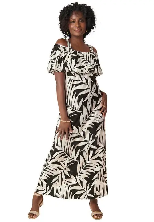 JESSICA LONDON Cold Shoulder A-line Maxi Dress - Black White Palm