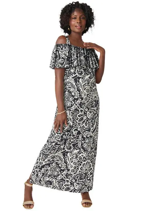 JESSICA LONDON Cold Shoulder A-line Maxi Dress - Navy Scroll Medallion