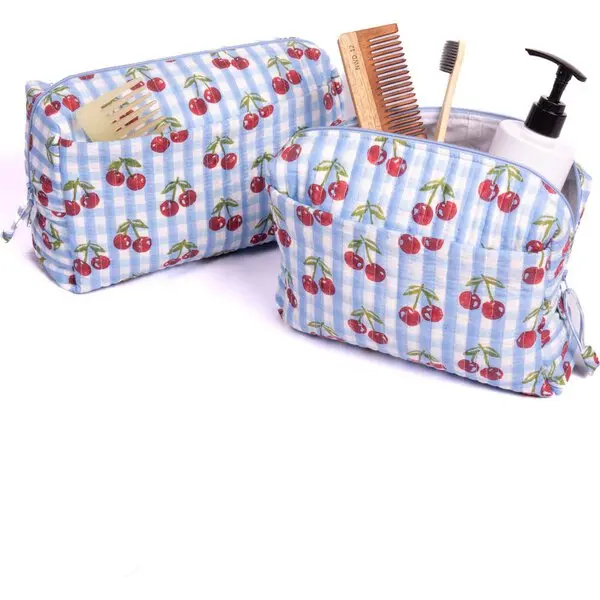 INNER CHILD Cherry Makeup Bag In Gingham Blockprint Set Of 2 - Blue
