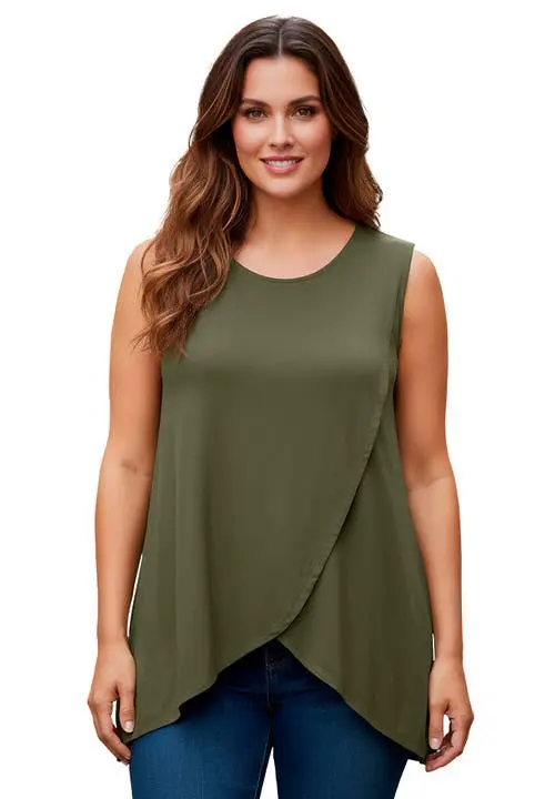 JESSICA LONDON Sleeveless Tulip Overlay Knit Tunic - Dark Olive Green