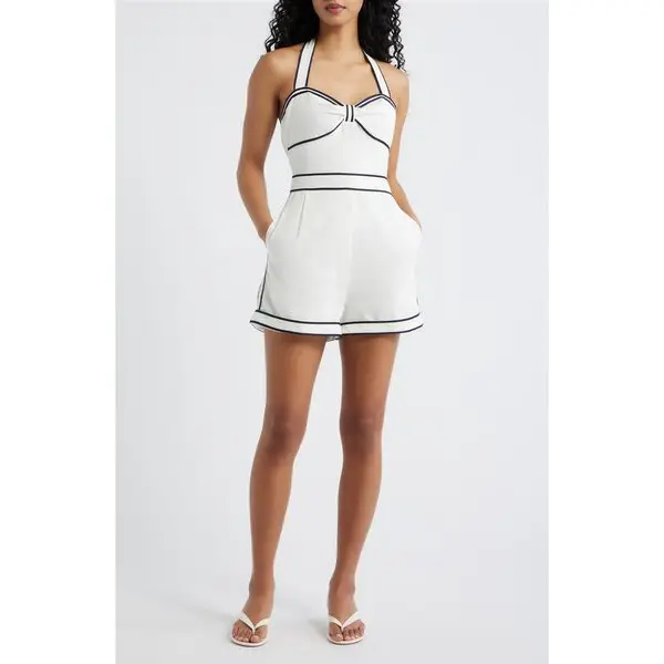 Line & Dot Anchor Stripe Halter Romper - White