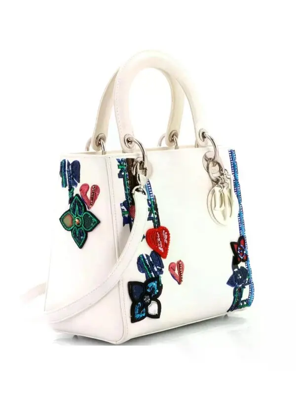 Dior Lady Bag Patch Embellished Leather Medium Satchel - White