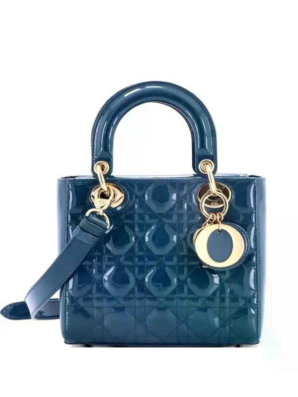 Dior Lady Bag Cannage Quilt Patent Small Satchel - Blue