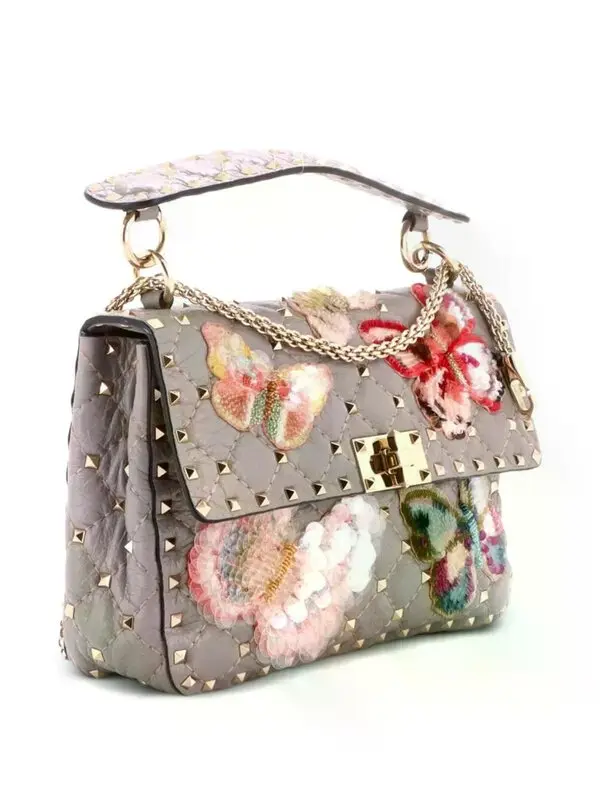 Valentino Garavani Rockstud Spike Flap Bag Sequin Embellished Quilted Leather Medium Shoulder Bag - Grey