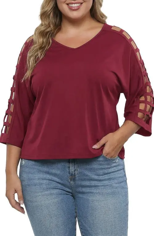 STANDARDS & PRACTICES Cutout Sleeve V-neck Top - Burgundy