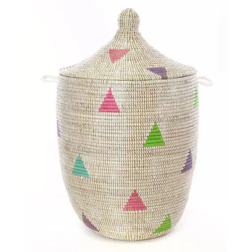 AFRICAN MODERN Large Teranga Triangles Hamper Basket From Senegal - White