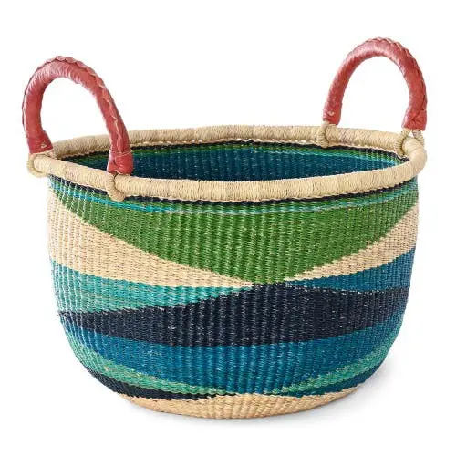 AFRICAN MODERN Shades Of Triangle Design Bolga Basket With Leather Handles - Blue