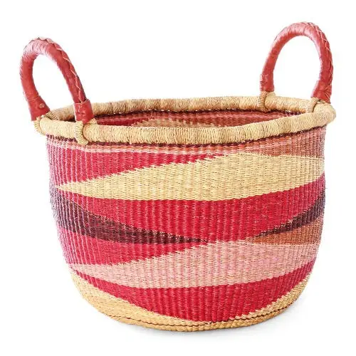 AFRICAN MODERN Shades Of Triangle Design Double Handle Bolga Basket - Red