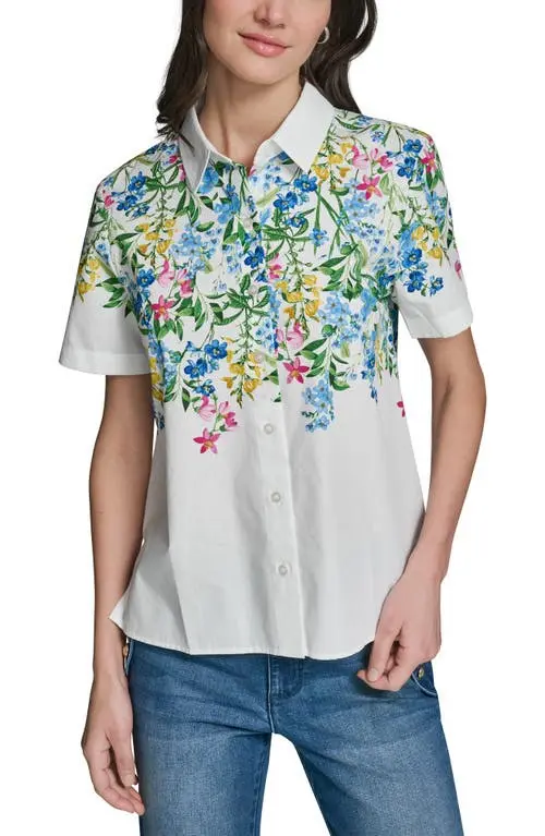 Karl Lagerfeld Paris Floral Print Poplin Shirt - Soft White Combo