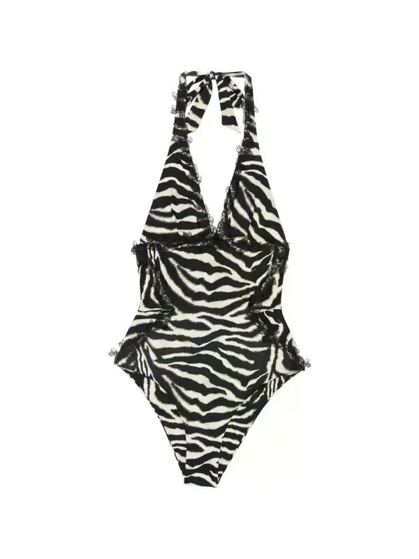 Ermanno Scervino Zebra-pattern Swimsuit With Lace Trim - Black