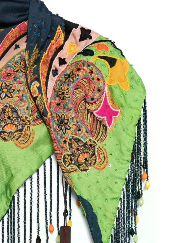 Etro Silk Scarf With Placed Print And Bead-adorned Fringing - Blue