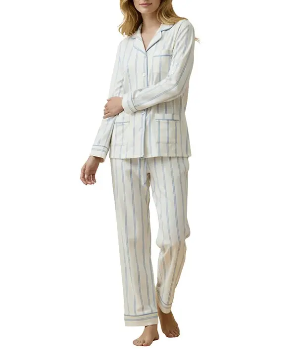 KIP Luxe Stretch Cotton Striped Pajama Set - Blue