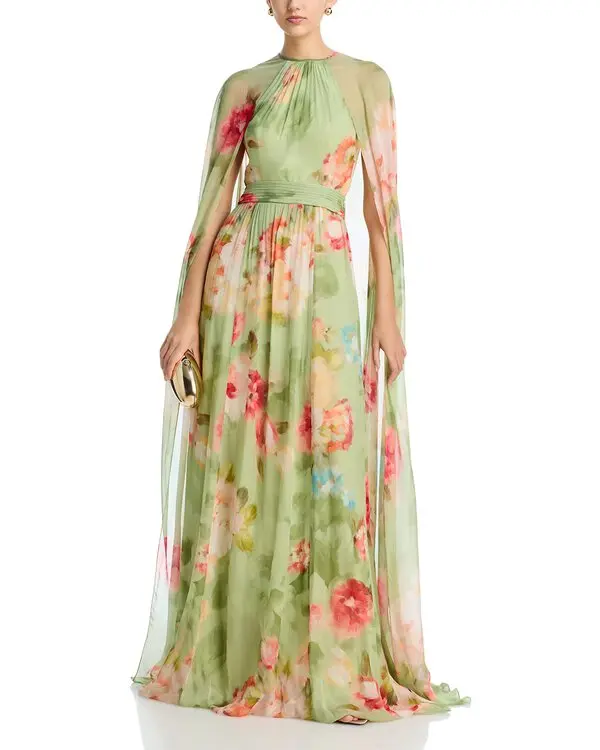 Rickie Freeman For Teri Jon Chiffon Floral Cape Gown