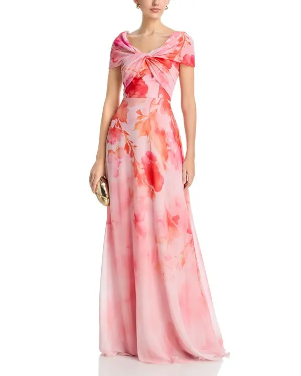 Rickie Freeman For Teri Jon Chiffon Off Shoulder Gown - Coral Multi