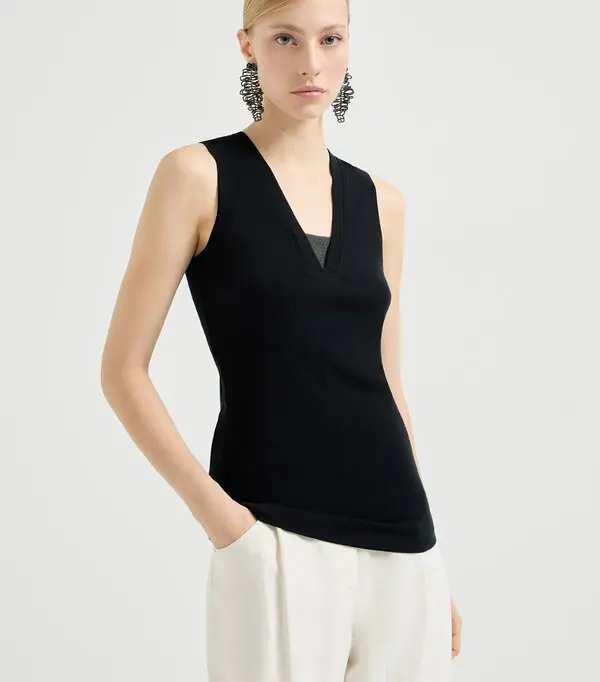 Brunello Cucinelli Embellished V-neck Stretch Cotton T-shirt - Black