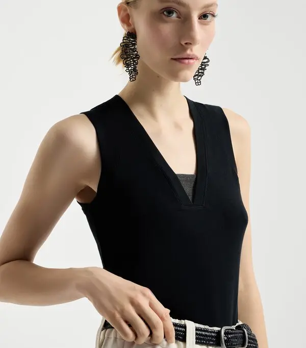 Brunello Cucinelli Embellished V-neck Stretch Cotton T-shirt - Black