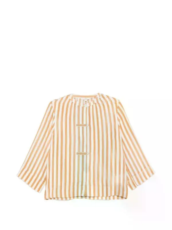 YERSE Striped Band Collar Blouse - Neutrals