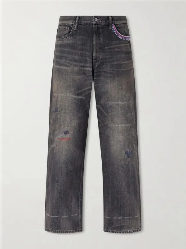 NEIGHBORHOOD Savage Wide-leg Bead-embellished Distressed Jeans