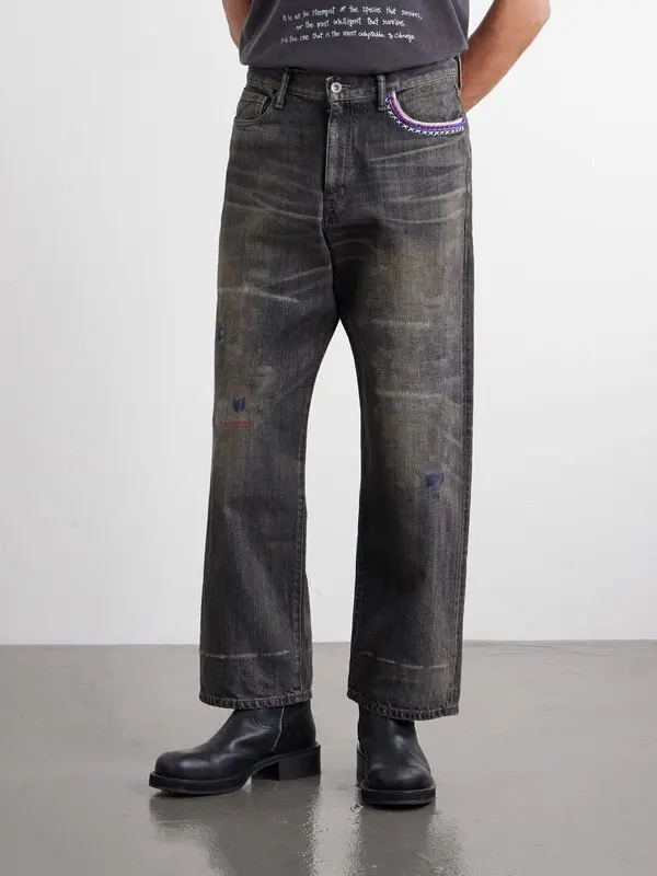 NEIGHBORHOOD Savage Wide-leg Bead-embellished Distressed Jeans