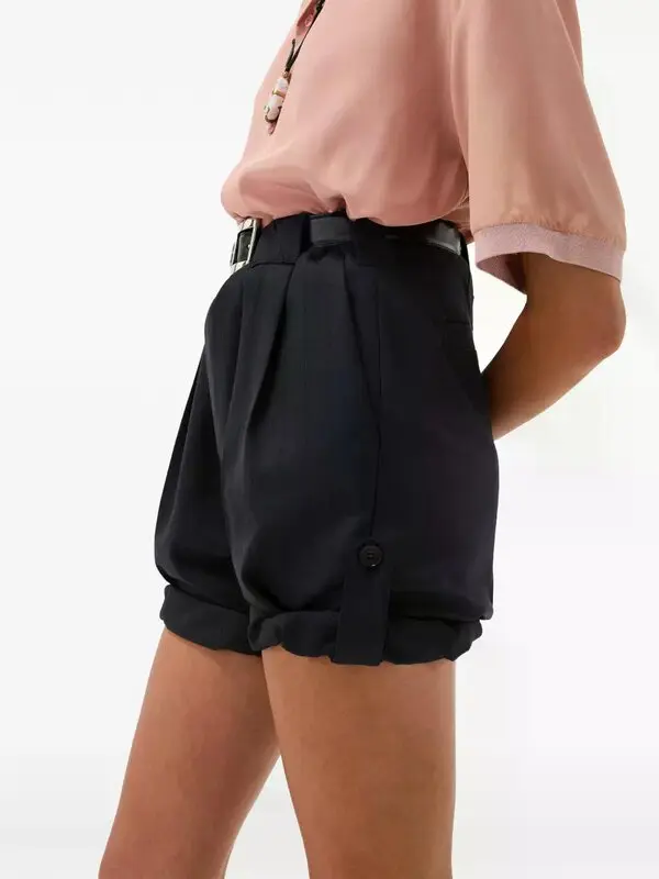 Versace Pinstriped Wool Formal Shorts With Medusa Hardware - Blue