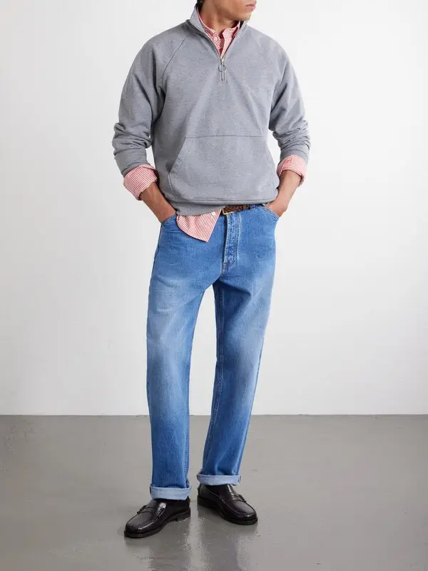 DRAKE'S Cotton-jersey Half-zip Sweater