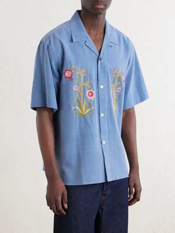 KARDO Ronen Convertible-collar Embroidered Cotton Shirt - Blue