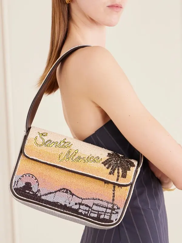 Staud Tommy Beaded Embroidered Satin Shoulder Bag - Orange