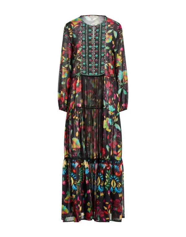 Anjuna Maxi Dress In Cotton And Silk With Floral Print, Beads, Sequins, And Fringes