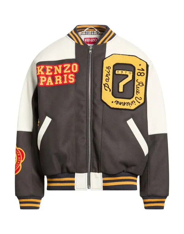 Kenzo Varsity Jacket In Charcoal Virgin Wool, Polyamide, Cow Leather, Acrylic, And Elastane - Grey