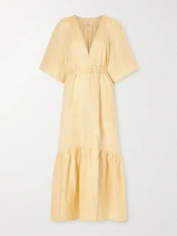 ERES Audacieuse Belted Tiered Linen Midi Dress - Yellow