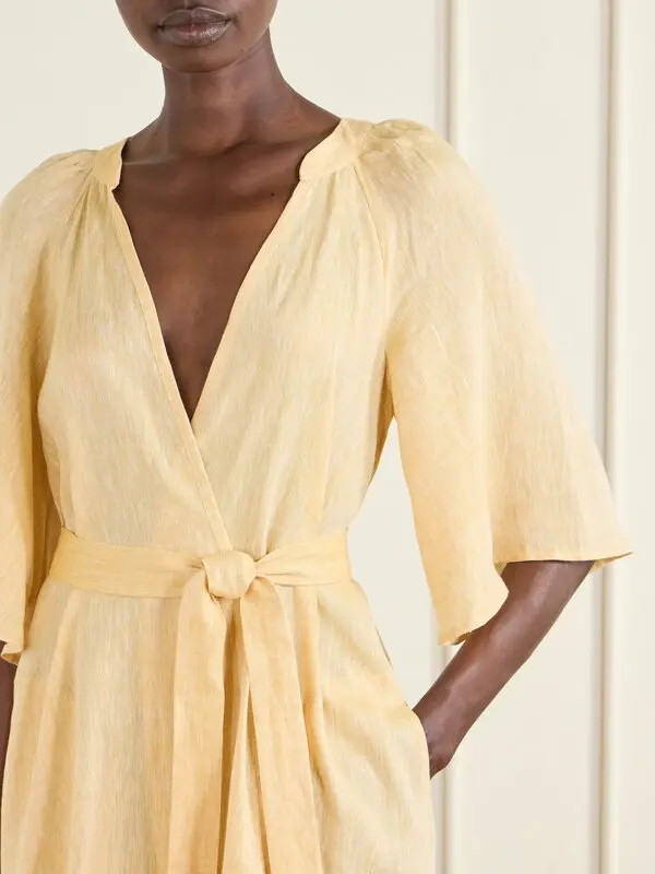 ERES Audacieuse Belted Tiered Linen Midi Dress - Yellow