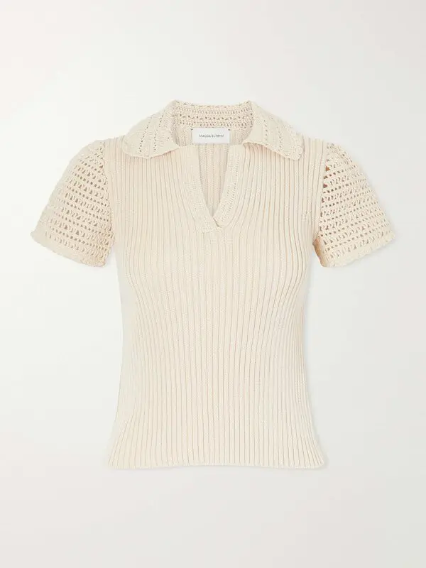 Magda Butrym Crochet-trimmed Ribbed Cotton Polo Shirt - Cream