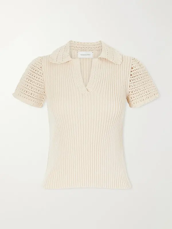 Magda Butrym Crochet-trimmed Ribbed Cotton Polo Shirt - Neutrals